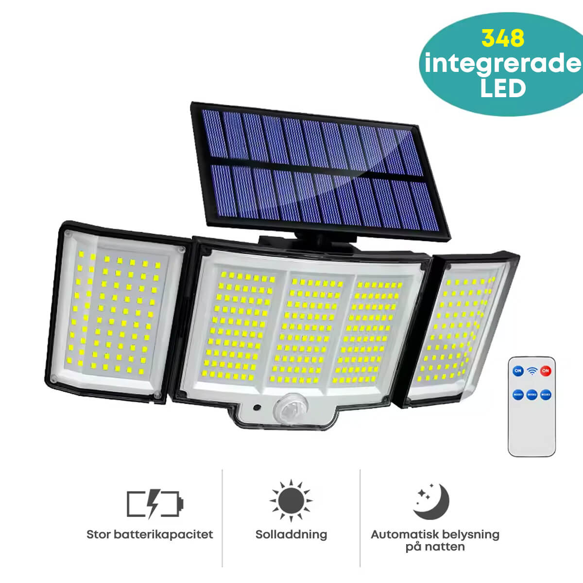 Solcellsdriven Vattentät Vägglampa med Rörelsesensor – 348 LED & 3 ...