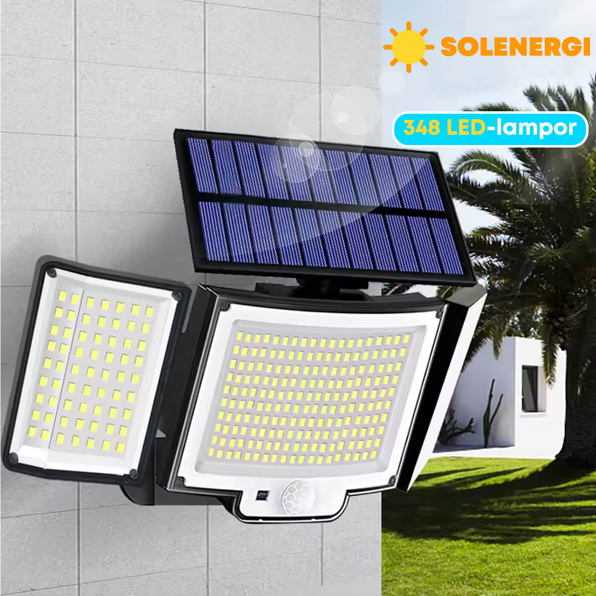 Solcellsdriven Vattentät Vägglampa med Rörelsesensor – 348 LED & 3 ...