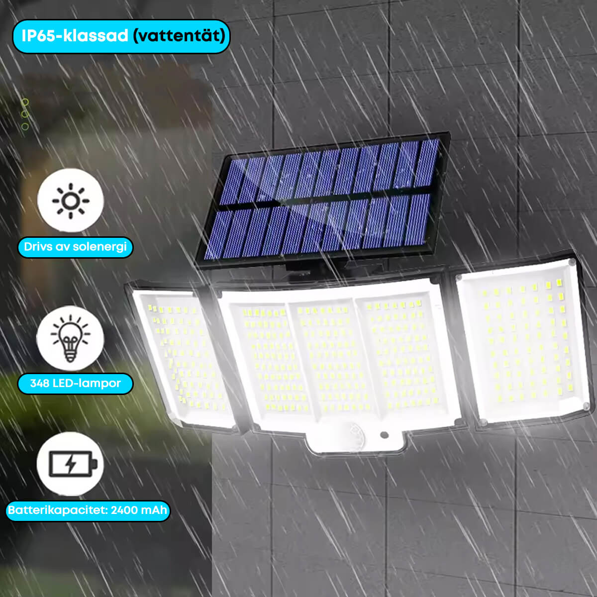 Solcellsdriven Vattentät Vägglampa med Rörelsesensor – 348 LED & 3 ...